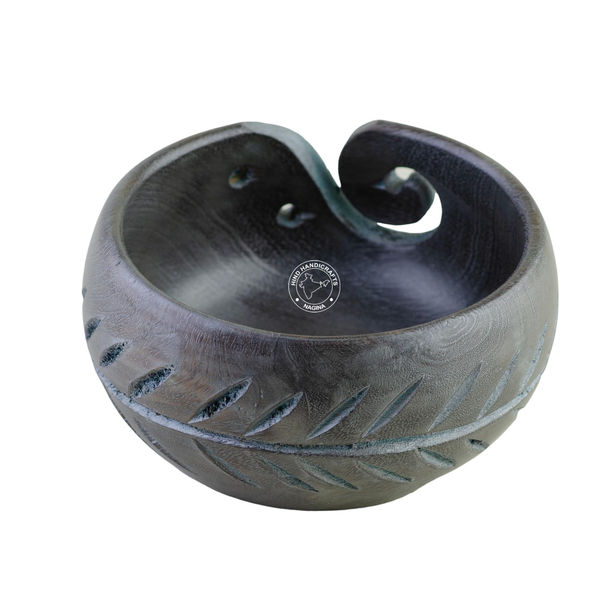 Hind Handicrafts Premium Solid Dark Handmade Crafted Wooden Portable Antique Yarn Storage Bowl - Holder for Knitting Crochet Hook Accessories (6" x 6" x 3", Slate Gray)
