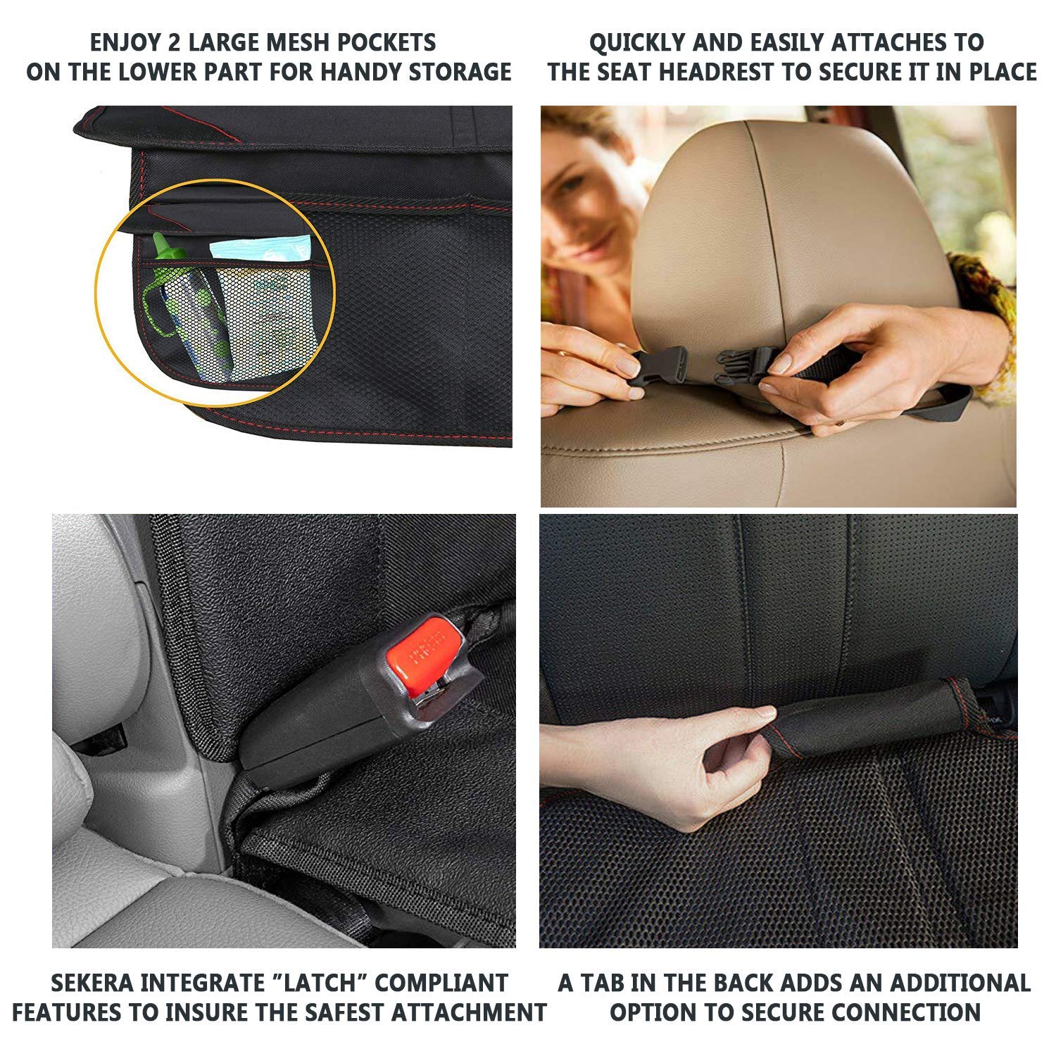 Car Seat Protector + Back Kick Mat Organizer, Black - Waterproof Seat Cover Padding Protector Upholstery Premium Durable Construction Convertible Seat Cover Pad with Backseat Organizer for Baby