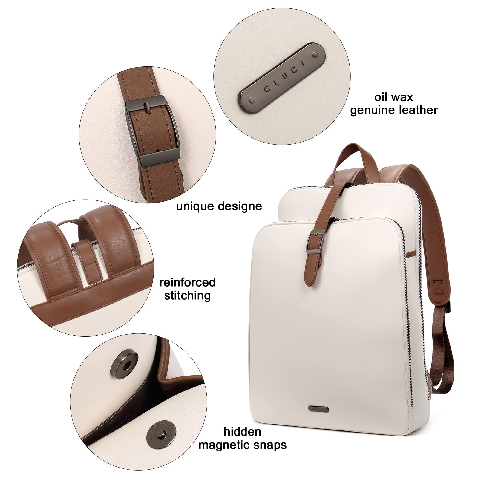 CLUCI Leather Laptop Backpack for Women 15.6 inch Computer Backpack Purse Travel Backpack Work Bag Daypack Beige With Brown