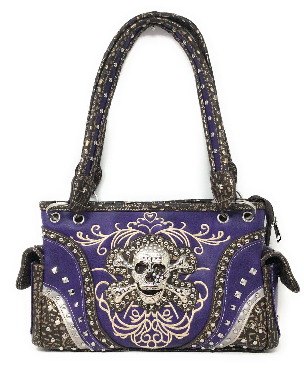 ZZ Fab Embroidered Concealed Carry Rhinestone Studded Skull Purse in 6 colors (Purple)