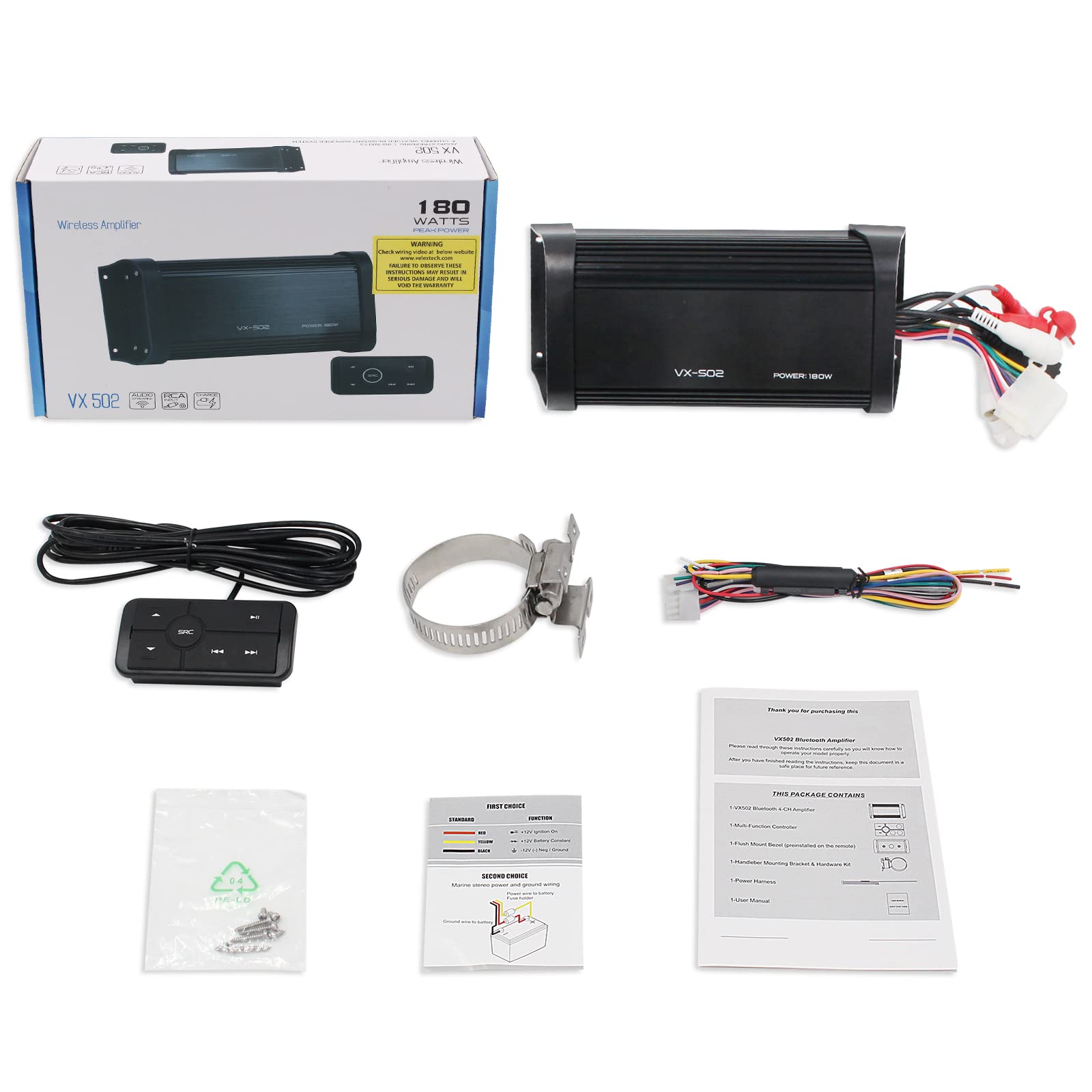 Bluetooth Amplifier 180 Watts 4-Channel And Remote Kit VX502B Black