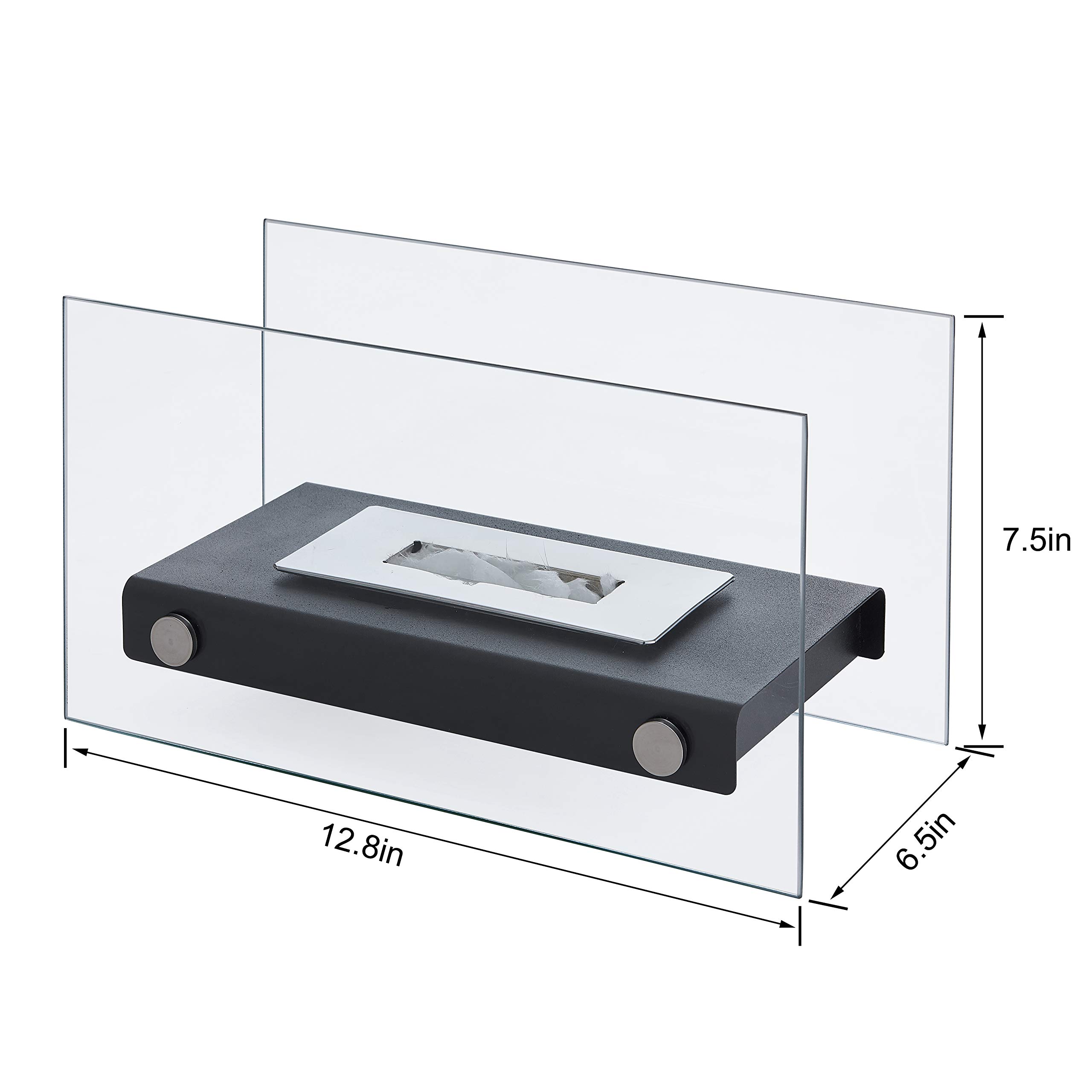 Danya B. Rectangular Tabletop Smokeless Fireplace with Clear Glass Panels, Indoor/Outdoor Use, Ventless, Portable, 7.5" H x 6.75" D x 13.25" W, Modern Matte Black Metal Fire Pit, Bio-Ethanol Fuel