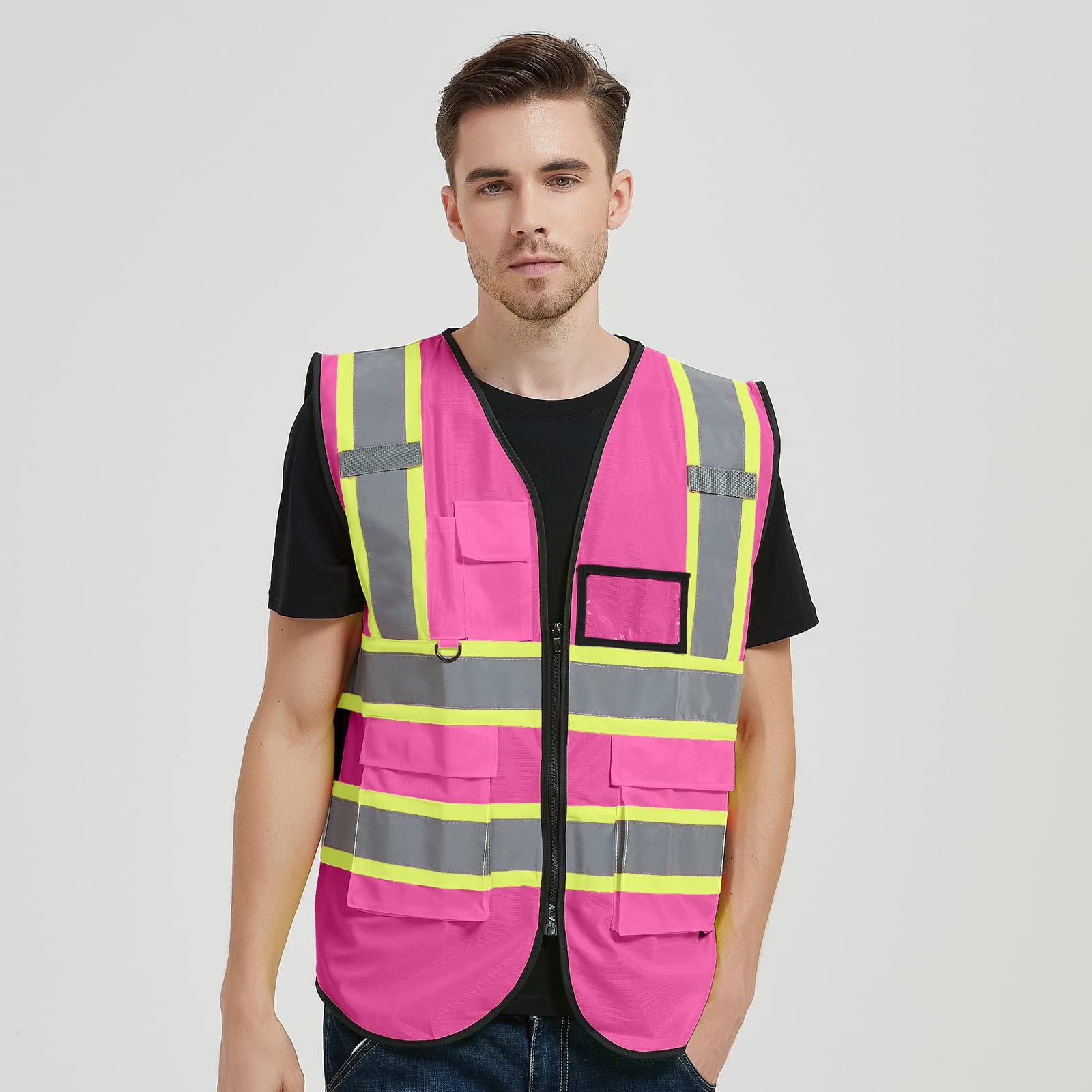 evershare Pink Safety Vest Reflective High Visibility with 5 Pockets and Zipper Class 2 for Men and Women Unisex Fluorescent Construction Security Volunteer Outdoor Traffic Workwear