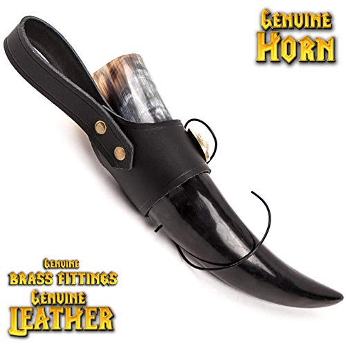 Mythrojan THE LION ALWAYS PAYS ITS DEBTS - Viking Drinking Horn with Black Leather holder Authentic Medieval Inspired Viking Wine/Mead Mug β Polished Finish
