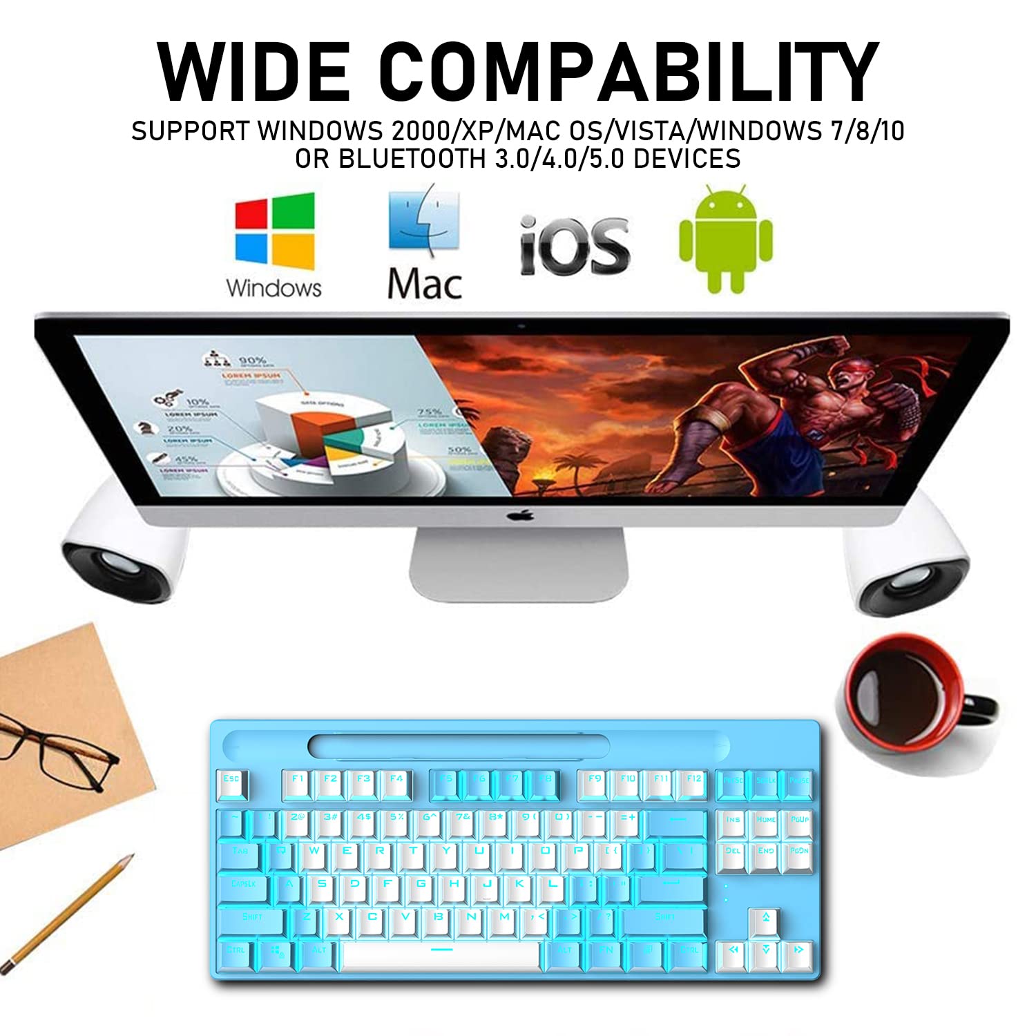 Bluetooth Mechanical Gaming Keyboard with LED Backlit 87 Anti-Ghosting Key Ergonomic Metal Plate Wired/Wireless 2.4Ghz USB Receiver Rechargeable 3300mAh Battery for PC Mac Gamer (Red Mix/Blue Switch)