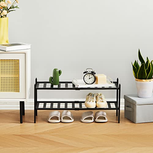 quiqear Bamboo Shoe Rack, 2 Tier Shoe Rack Organizer, Stackable & Durable Shoe Shelf Holder, Free Standing Shoe Racks, Shoe Storage Organizer for Entryway, Closet, Hallway (Black)