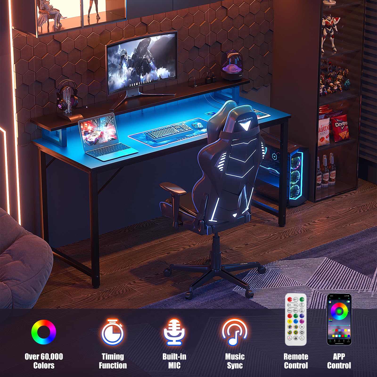 Hyomdeck Computer Desk with USB Power Outlets and LED Lights, 47 inch Gaming Desk with Monitor Stand for Small Space Home Office, Modern Simple Study Writing Table PC Desks, Black