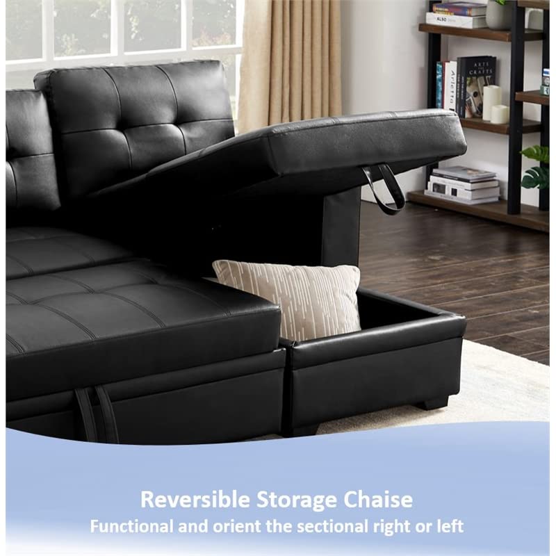 INFINI FURNISHINGS Reversible Faux Leather Pocket Sleeper Sofa in Black