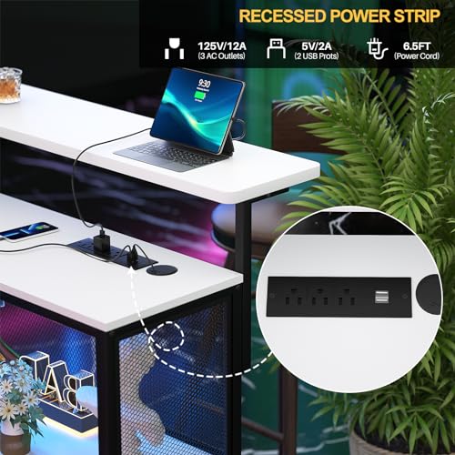Hyomdeck L Shaped Home Bar Unit with Power Outlet & LED Light, Corner Bar Cabinet with Footrest, Wine Bar Cabinet with Glass Holder and Liquor Rack, Bar Table for Dining Room, Kitchen, Basement, White