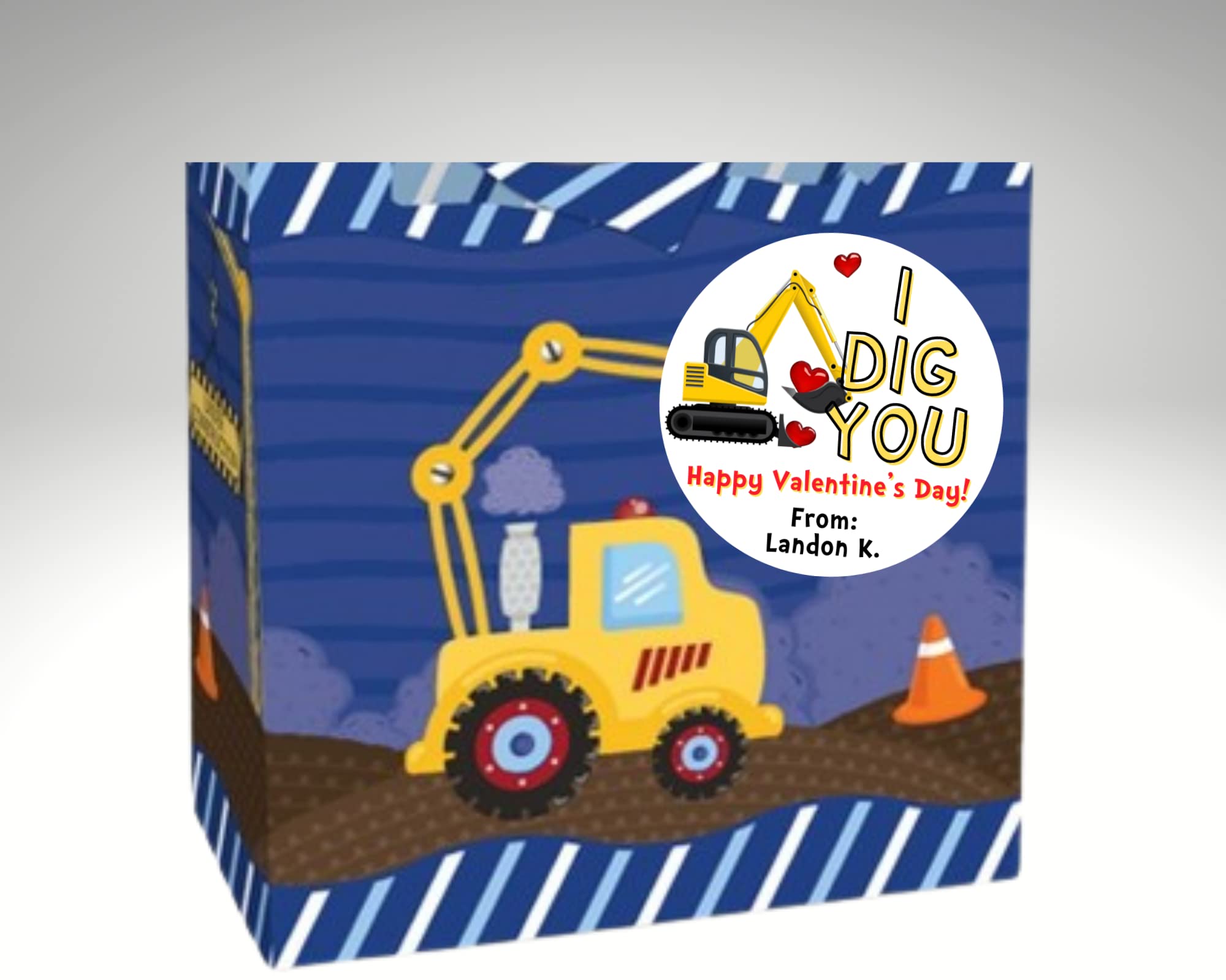 Personalized Construction Digger Valentine's Day Stickers for Kids 20-Count, 2 inch, Custom Classroom Valentines Favor for Boys, Happy Valentine's Day Labels