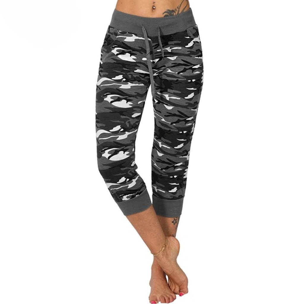 Camo Capri Yoga Pant Adult Teens All Over Printed Capri Legging for Womens Drawstring Workout Sweatpants Pants