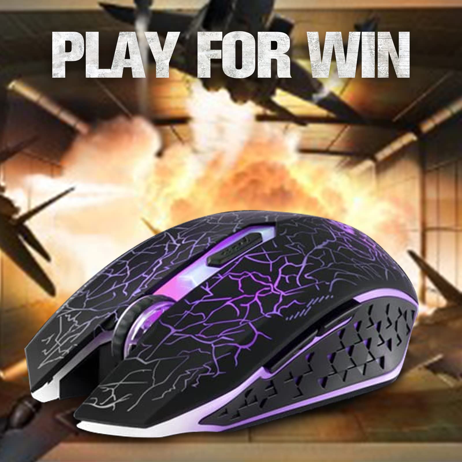 VEGCOO C10 Wireless Gaming Mouse Rechargeable Silent Optical Mice 7 Colors LED Lights, 7 Buttons 2400/1600/800DPI (Black)
