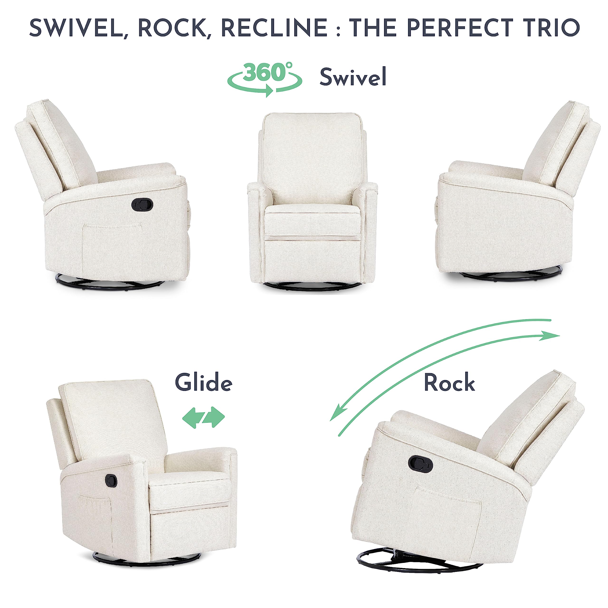 Evolur Beau Upholstered Seating Glider Swivel in Sweet Cream, Greenguard Gold Certified Modern Nursery Recliner with Side Pockets, Tool-Free Assembly, Easy to Clean
