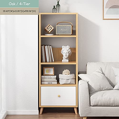 IOTXY 4-Tier Open Shelves Bookcase - 59 Inches Height Modern Floor Standing Cubes Wooden Mid Bookshelf with Storage Drawer and Legs, Oak