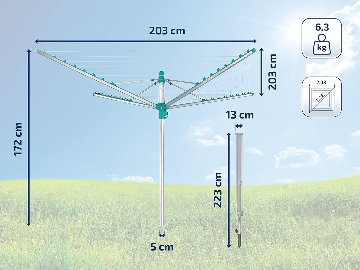 Leifheit Linomatic 500 Easy Dryer 50m Retract to Stay Clean, All Rust-Free Aluminium, 3.28m Turning Diameter, Longest Length 2.03m Pull-Open, Rotary Clothes line Airer, Turquoise, Large