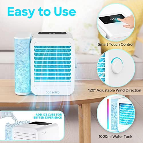 Coosolvo Portable Air Conditioner, Personal Air Cooler with Quiet Multi-Speed Cooling Fan, Evaporative Mini Cooler with 1000ml Water Tank, Mini AC Unit with 7 Color LED Light, USB Air Conditioner