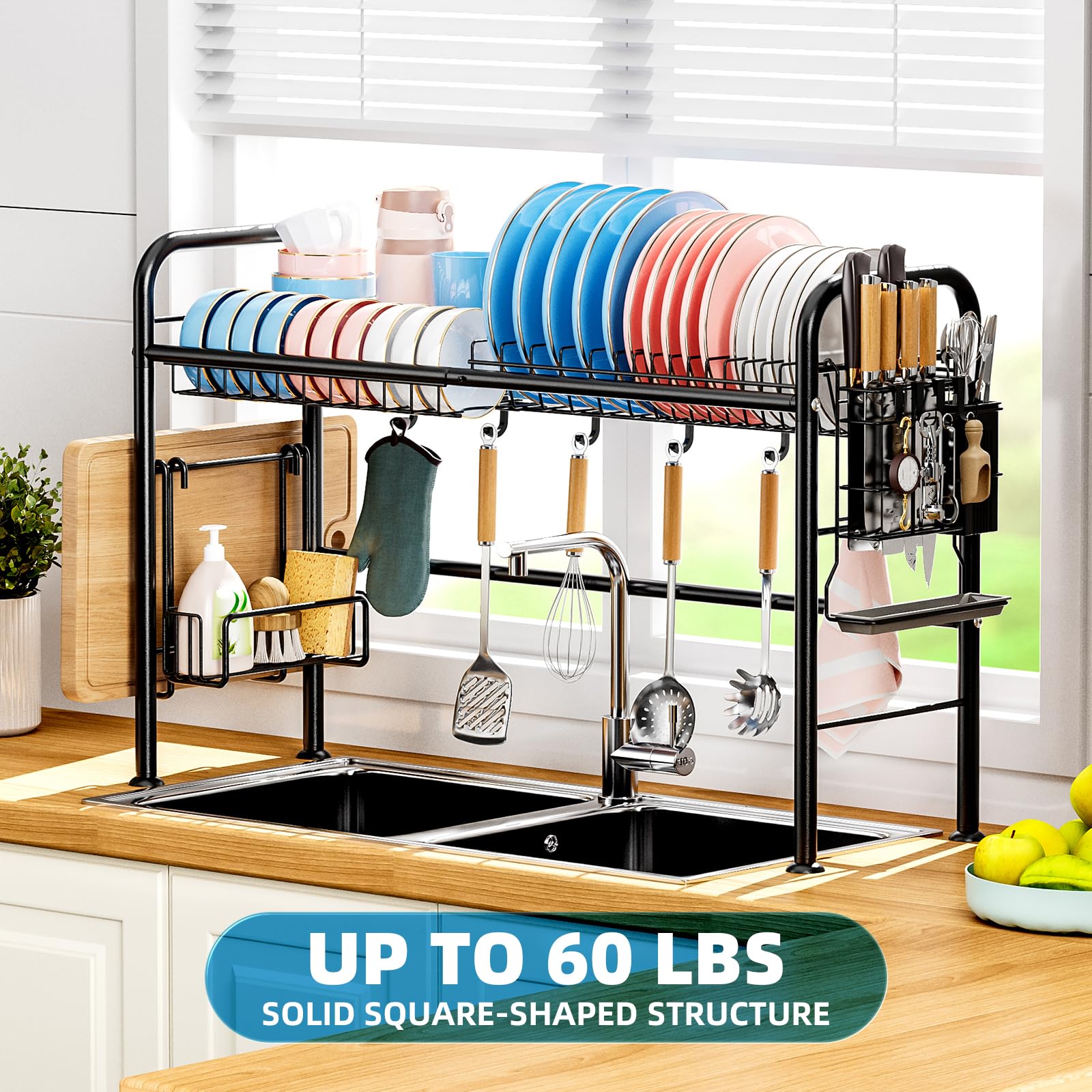 GAOKASE Large Over The Sink Dish Drying Rack, 2 Tier Over Sink Dish Rack with Utensil Holder, Dishes Drainer for Kitchen Counter Kitchen Organizer Metal (Fit≤32" Sink)