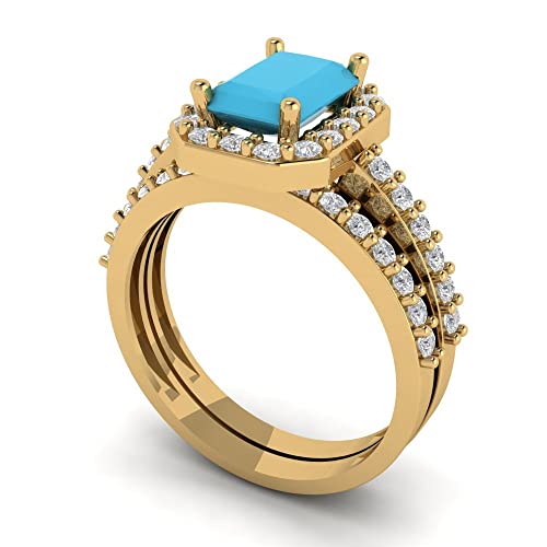 Clara Pucci 2.14 carat Emerald Cut Halo Solitaire Simulated Turquoise Bridal Wedding Anniversary Ring band set 14k Yellow Gold 7.75