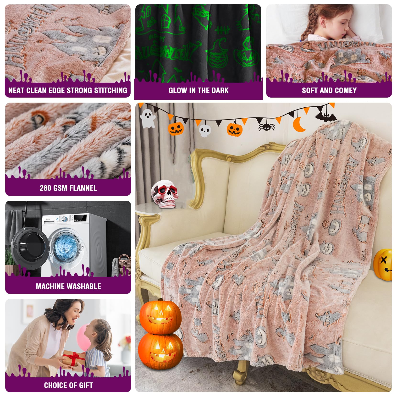 Halloween Blanket 50 x 60'' Pumpkin Plush Blanket- Soft Fleece Halloween Throw Blanket,Glow in The Dark Blanket for Kids & Home Decor (Orange)