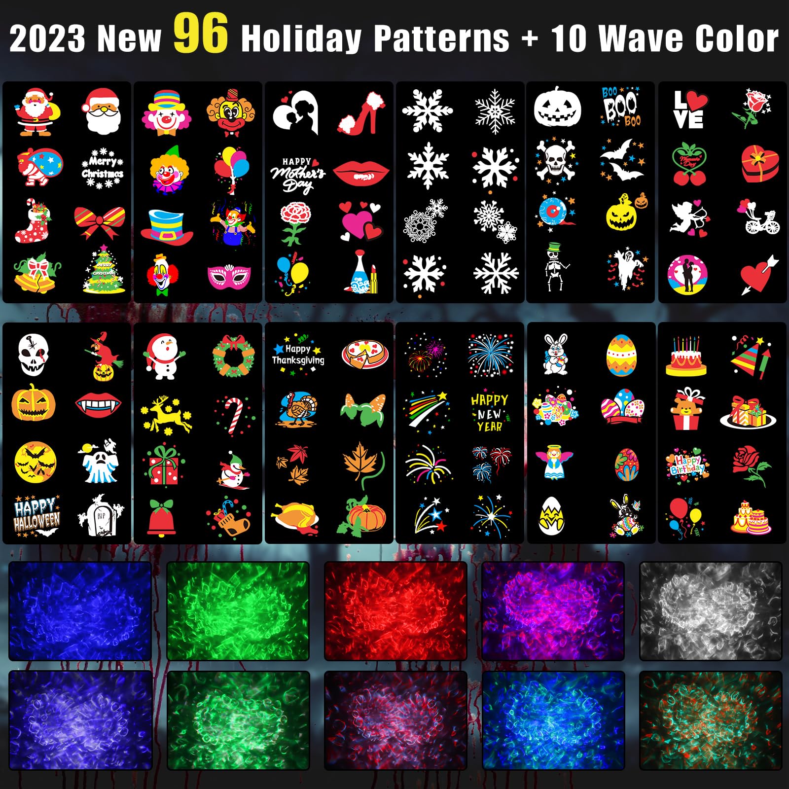 Christmas Projector Lights Outdoor, Brightness Increase HD 2-in-1 Ocean Wave Snowflake LED Holiday Projector Lights Indoor 12 Slides * 8 Patterns, Waterproof for Party Garden Landscape