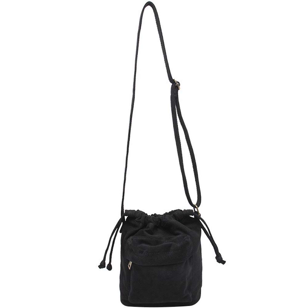 Jeelow Small Canvas Bucket Crossbody Cellphone Bags Drawstring Purses For Men & Women (Black Drawstring)