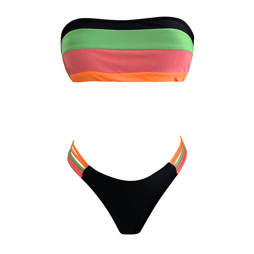 Padaleks Women's Striped Color Block Bandeau Bikini Set High Cut Strapless Swimsuit Sexy Bathing Suit Beachwear