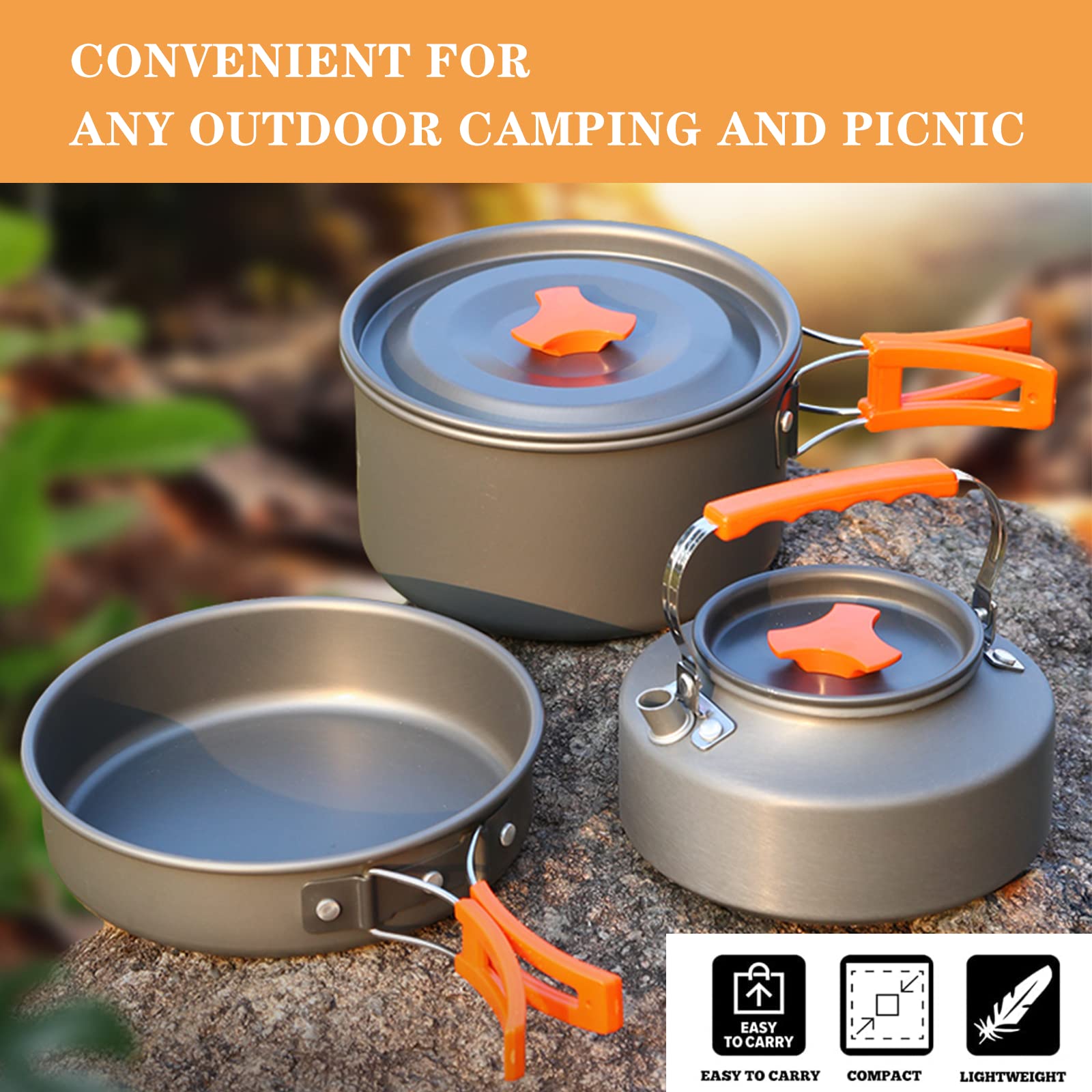 Camping Cookware Mess Kit, Camping Gear with Pot and Pans Set, Portable Aluminum Camping Cooking Set with Cup,Bowl,Picnic with Spoon Knife for Backpacking Stove Equipment