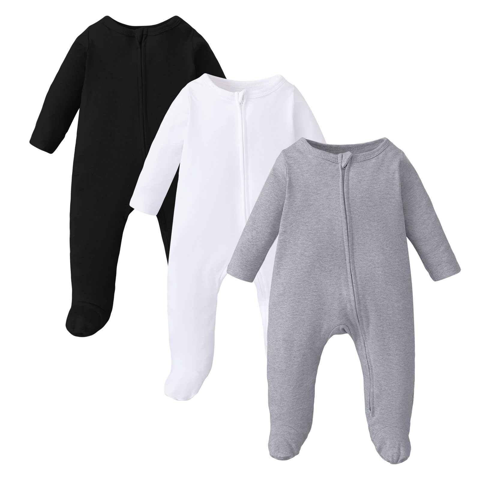 OPAWO Newborn Baby Footed Romper with Mitten Cuffs Blank Cotton Onesie Double Zipper Jumpsuit for Boys Girls 0-6 Months(Zipper/Black/White/Gray,0-3Months)