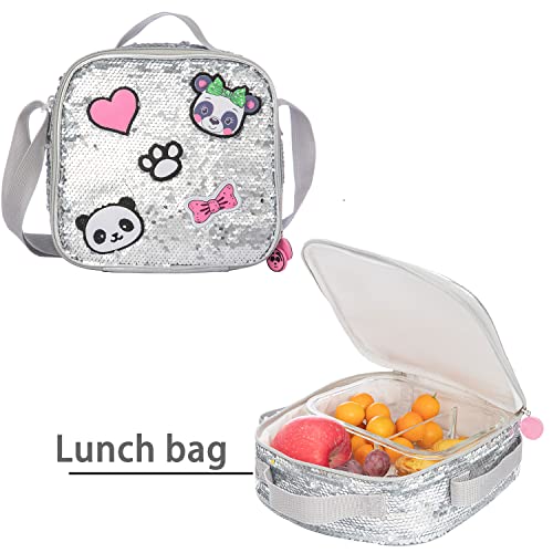JSMNIAI Girls Rolling Backpack Sequin Panda Rolling Wheels Backpacks for Elementary Preschool Roller Luggage with Lunch Box