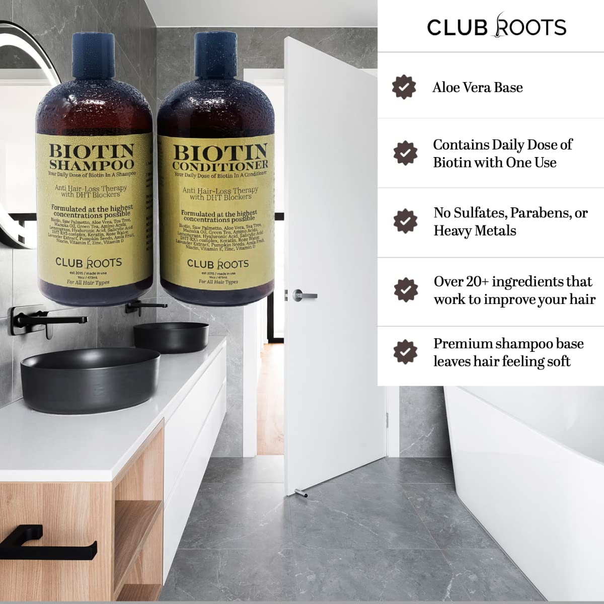 Club Roots Biotin Shampoo & Conditioner Set with DHT Blockers (16oz x 2), Clinically Tested Effective Solution w/Daily Dose of Biotin from a Shampoo, All Hair Types, Men & Women