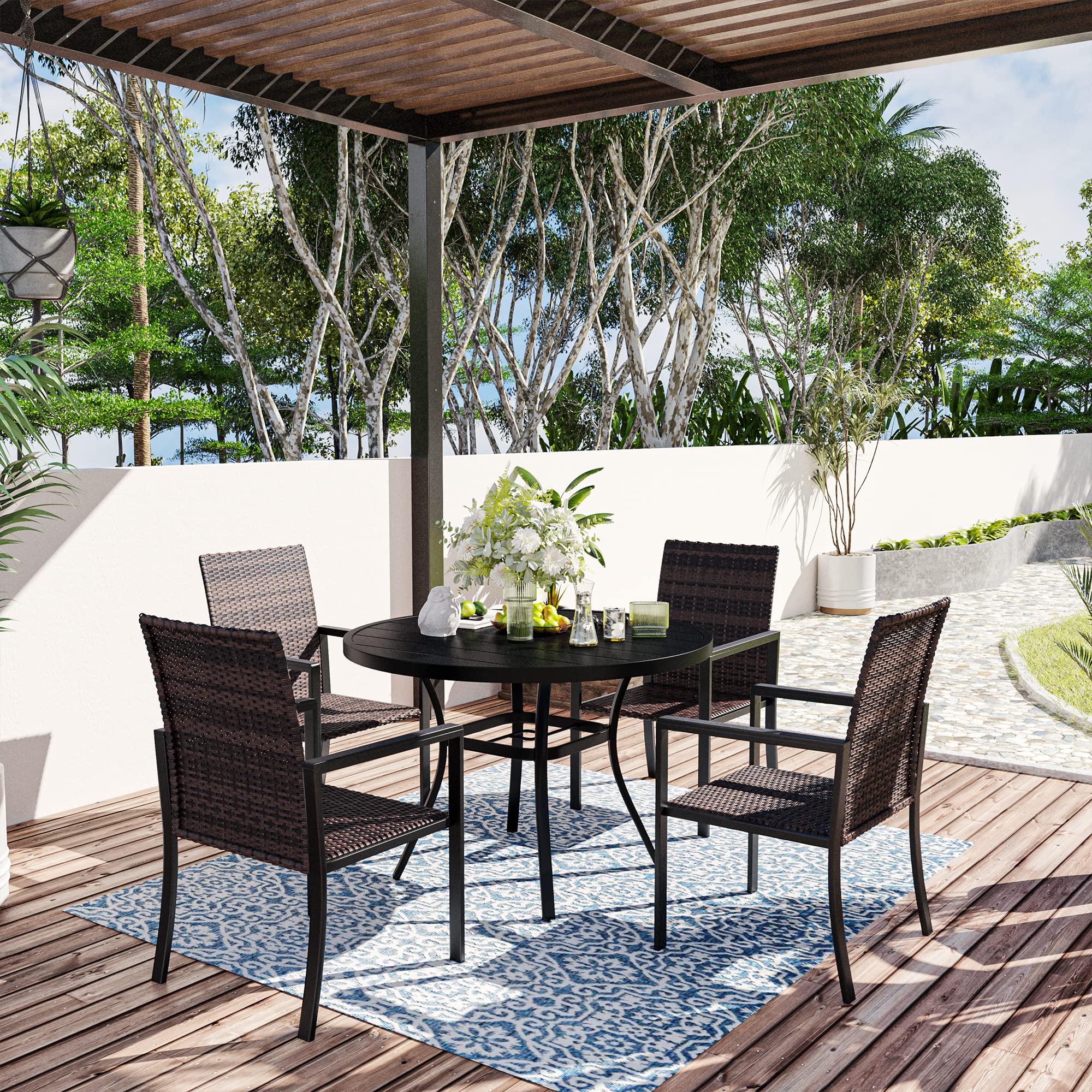 VICLLAX 5-Piece Patio Dining Set, Outdoor Furniture Set Includes 42" Patio Round Table and Outdoor Wicker Chairs for Lawn Garden, Black Table
