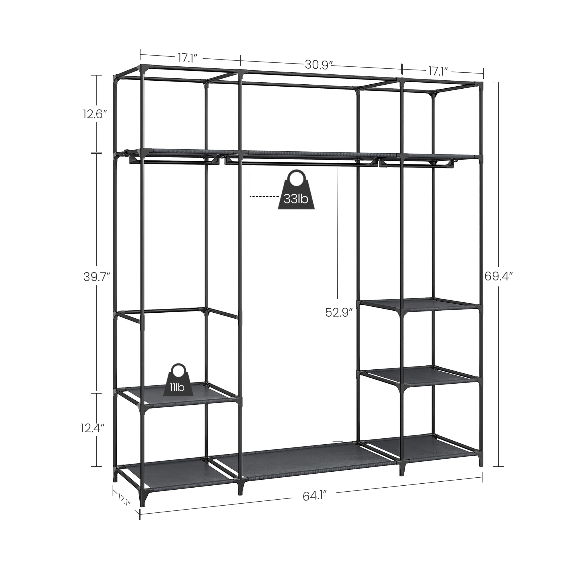 Hzuaneri Closet Wardrobe, 64-inch Portable Closet for Bedroom, 3 Clothes Rail with 9 Compartments Shelves, Freestanding Clothes Storage Organizer for Cloakroom, Black WH0203