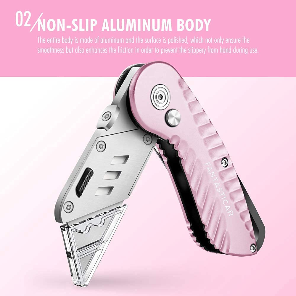 FantastiCAR Fancy Folding Utility Knife Box Cutter Set with Extra Blades (Pink and Purple)