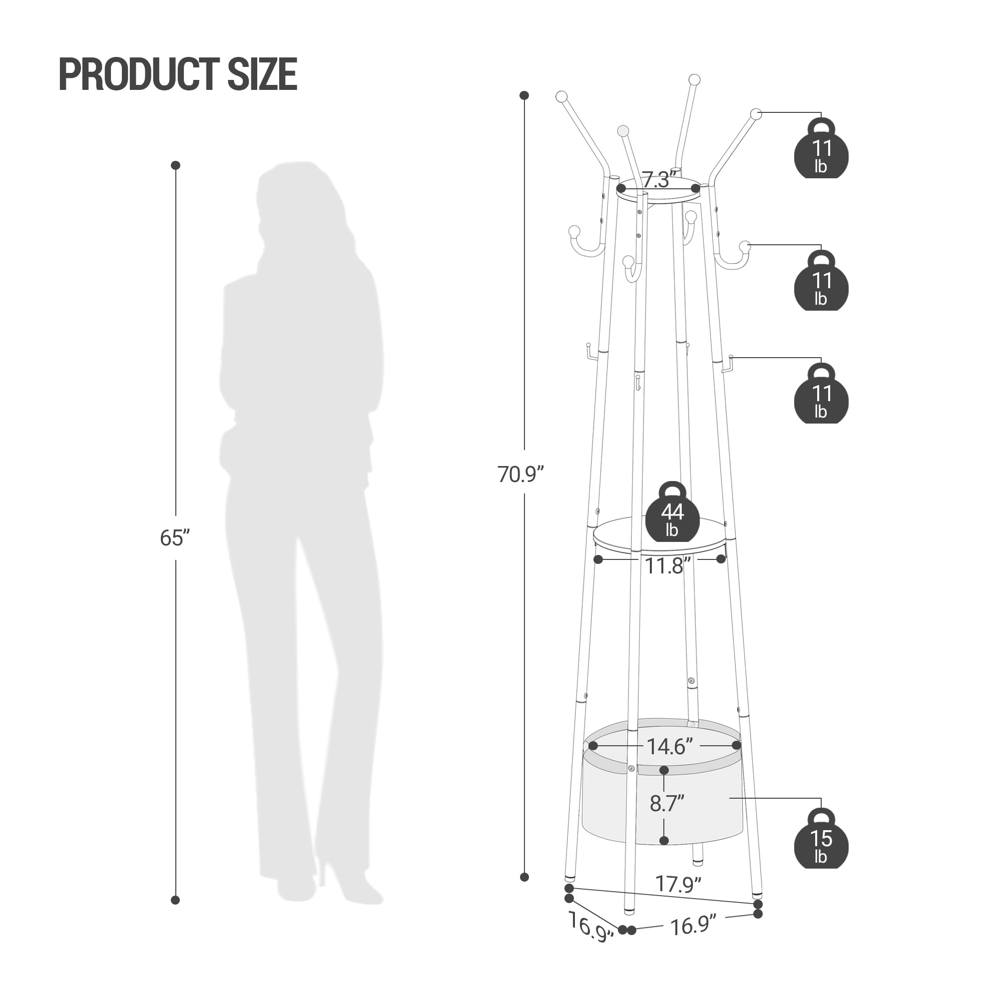 Hzuaneri Coat Rack Freestanding, Coat Rack Stand with 12 Hooks, Coat Tree, Coat Racks Coat Hanger Stand with 2 Shelves and Storage Basket, Hall Tree for Entrance, Hallway, Black CR24701B