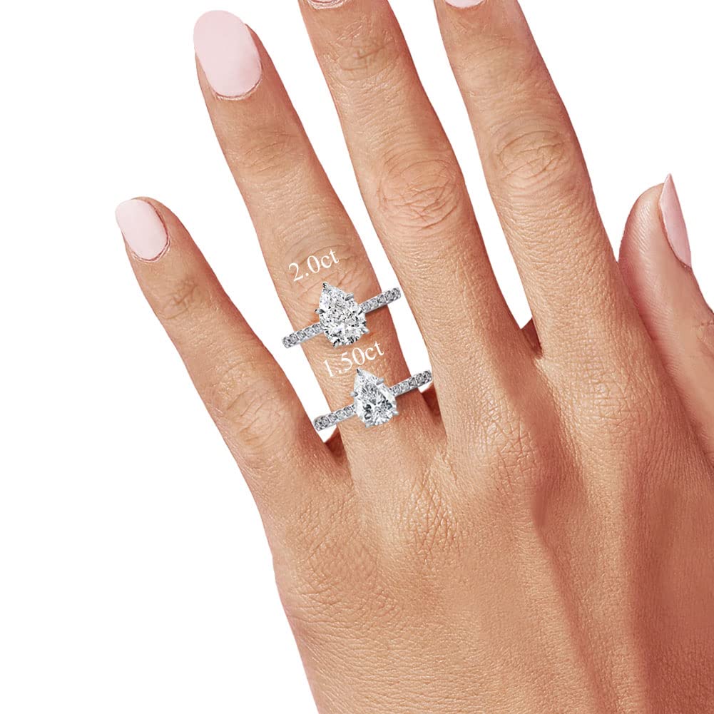 Bo.Dream 1.5ct Pear Shaped Cubic Zirconia Engagement Rings Platinum Plated Sterling Silver Size 7