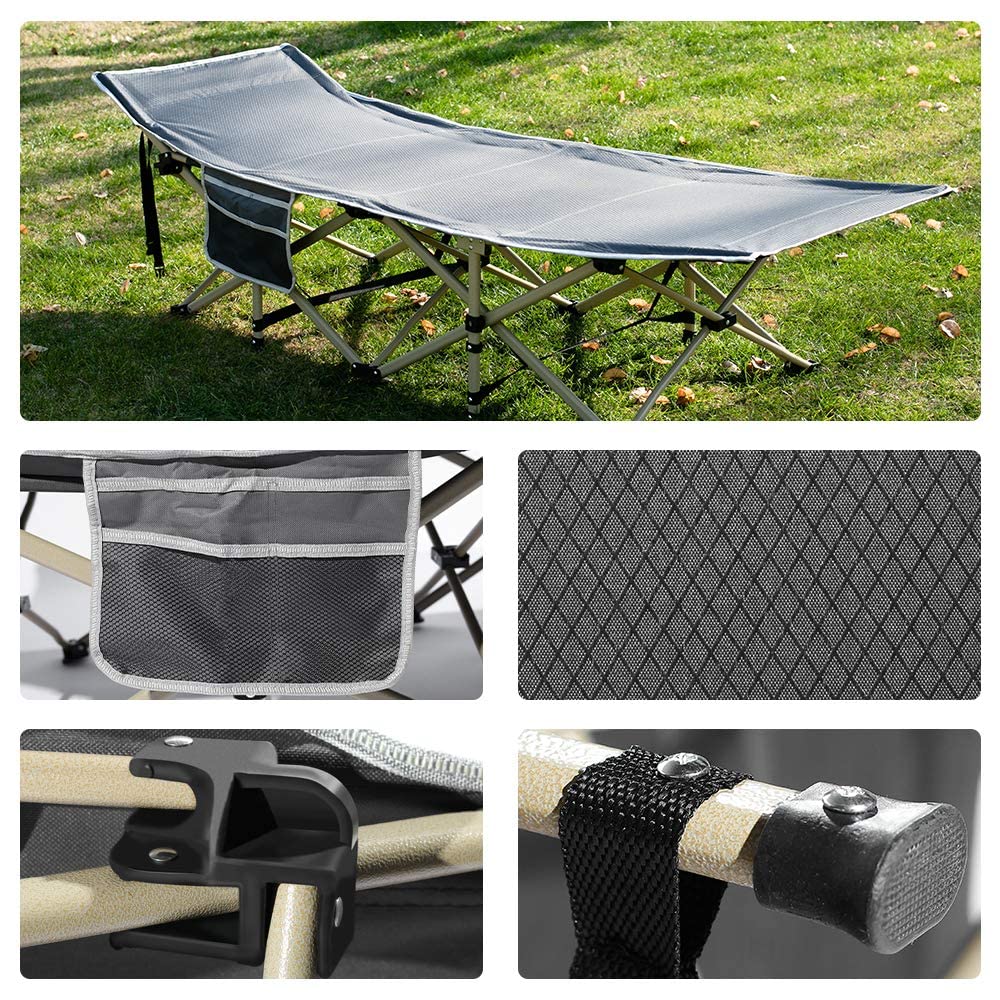 Camping Cot Max Load 450 LBS 1 Side Large Pockets Extra Wide Sturdy Portable Foldable Outdoor Bed for Adults Kids for Camping Beach BBQ Hiking Backpacking Office (Grey)