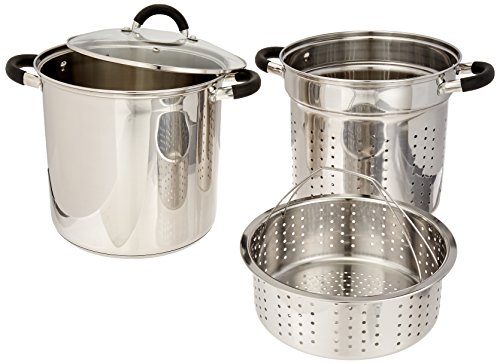 ExcelSteel 12 Qt Multifunction Stainless Steel Pasta Cooker with Encapsulated Base, Vented Glass Lid, and Riveted Silicone Covered Handles