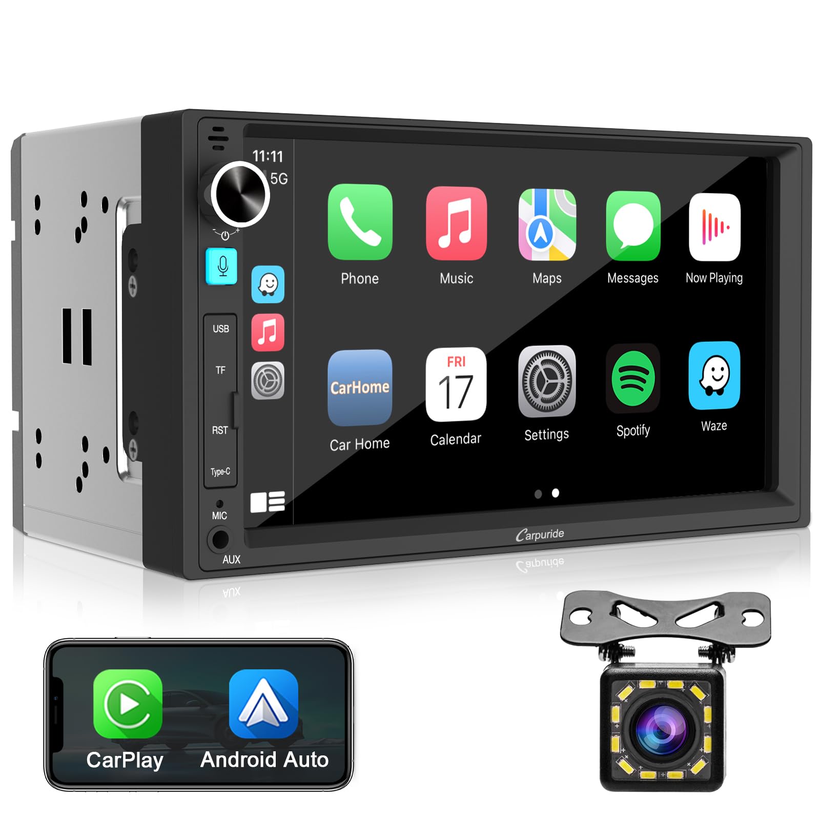 Carpuride S7 Double Din Car Stereo Compatible with Carplay,Android Auto- Car Stereo with back up camera,7 Inch HD Touch Screen, Mirror Link,Voice Control,SWC,Bluetooth,USB/SD Port,FM/Aux