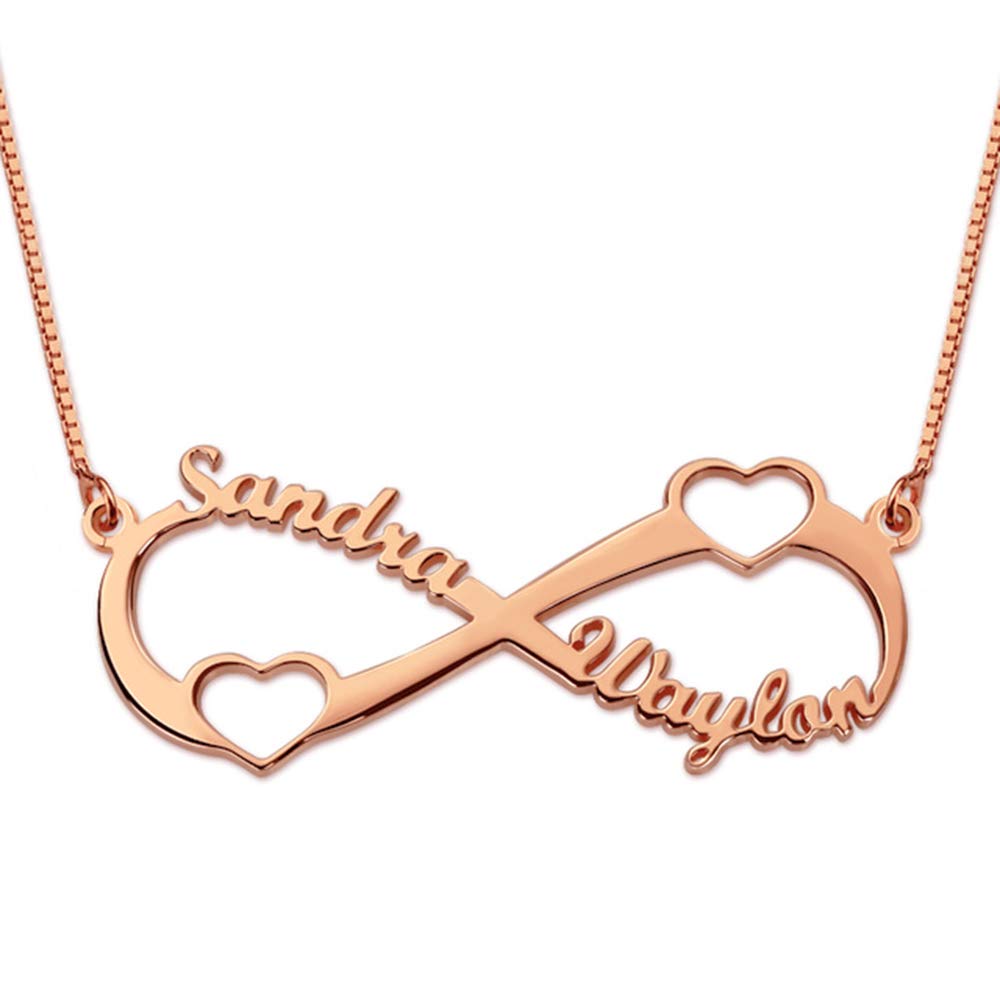 Bo&Pao Silver Infinity Name Necklace with two hearts, personalized Necklace with 2 Names