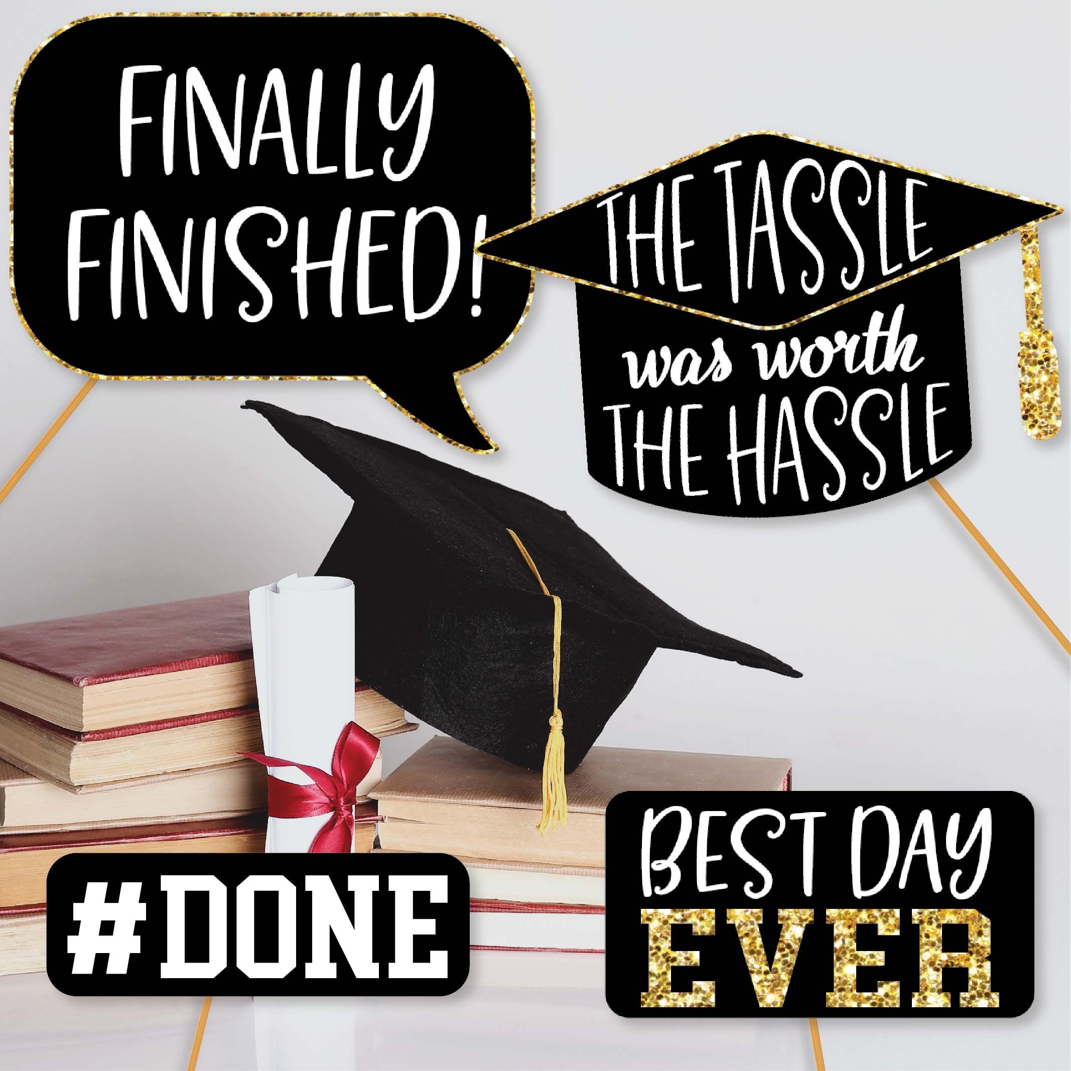 Graduation Photo Booth Props - 41-pc Photobooth Kit with 8 x 10-Inch Sign, 60 Adhesive Pads, 45 Sticks - Graduation Props - Graduation Picture Props - Grad Photo Booth Props