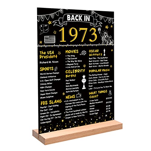 DARUNAXY Black Gold 51st Birthday Gift for Men, Back in 1973 Poster Acrylic Sign with Stand for Women One-sided 51 Years Old Party Decoration Vintage 1973 Party Supply 51st Class Reunion Decor