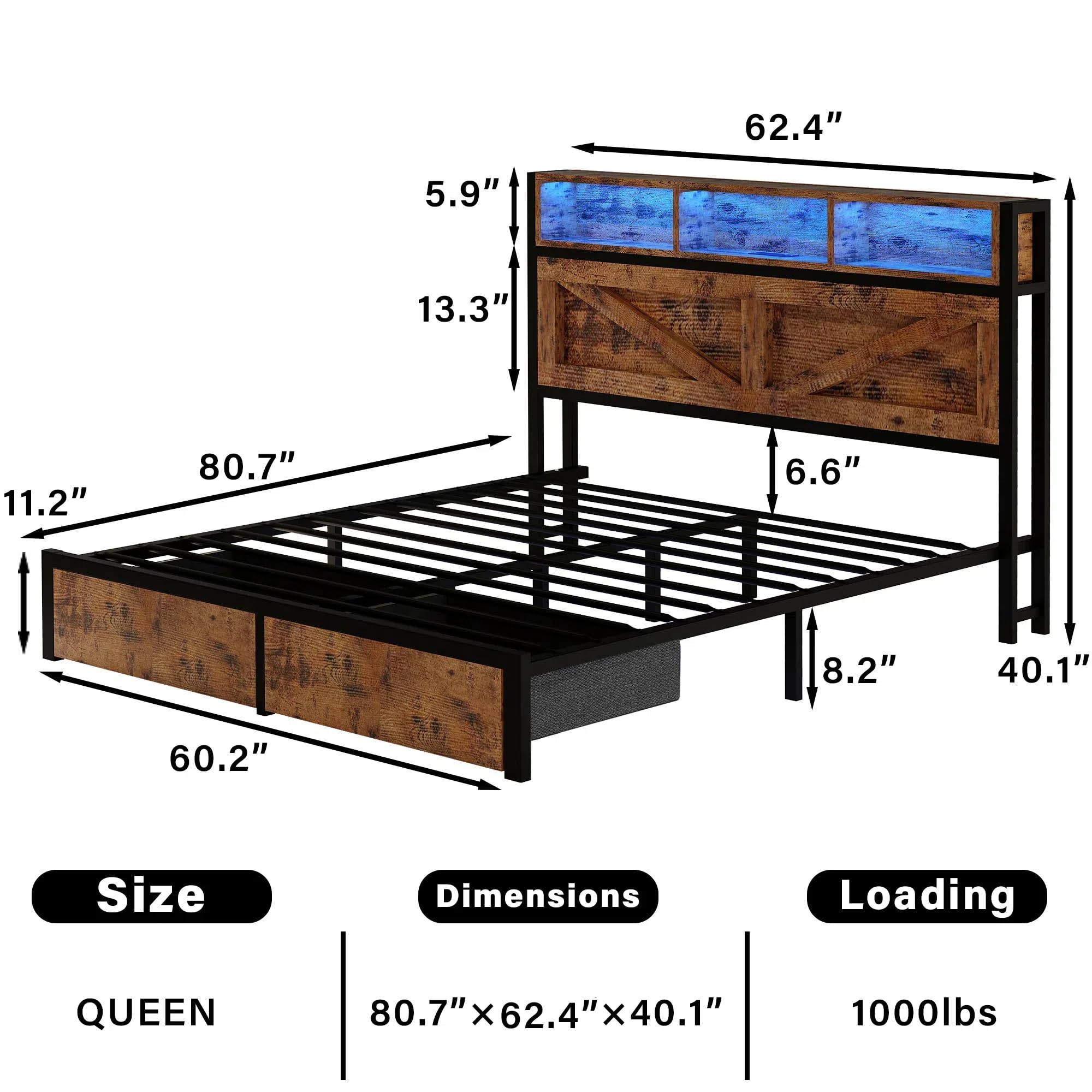 Farmhouse Queen Bed Frame with Bookcase Headboard and Storage Drawers, Charging Station and RGB LED Lights, No Box Spring Needed, Noise Free, Vintage Brown
