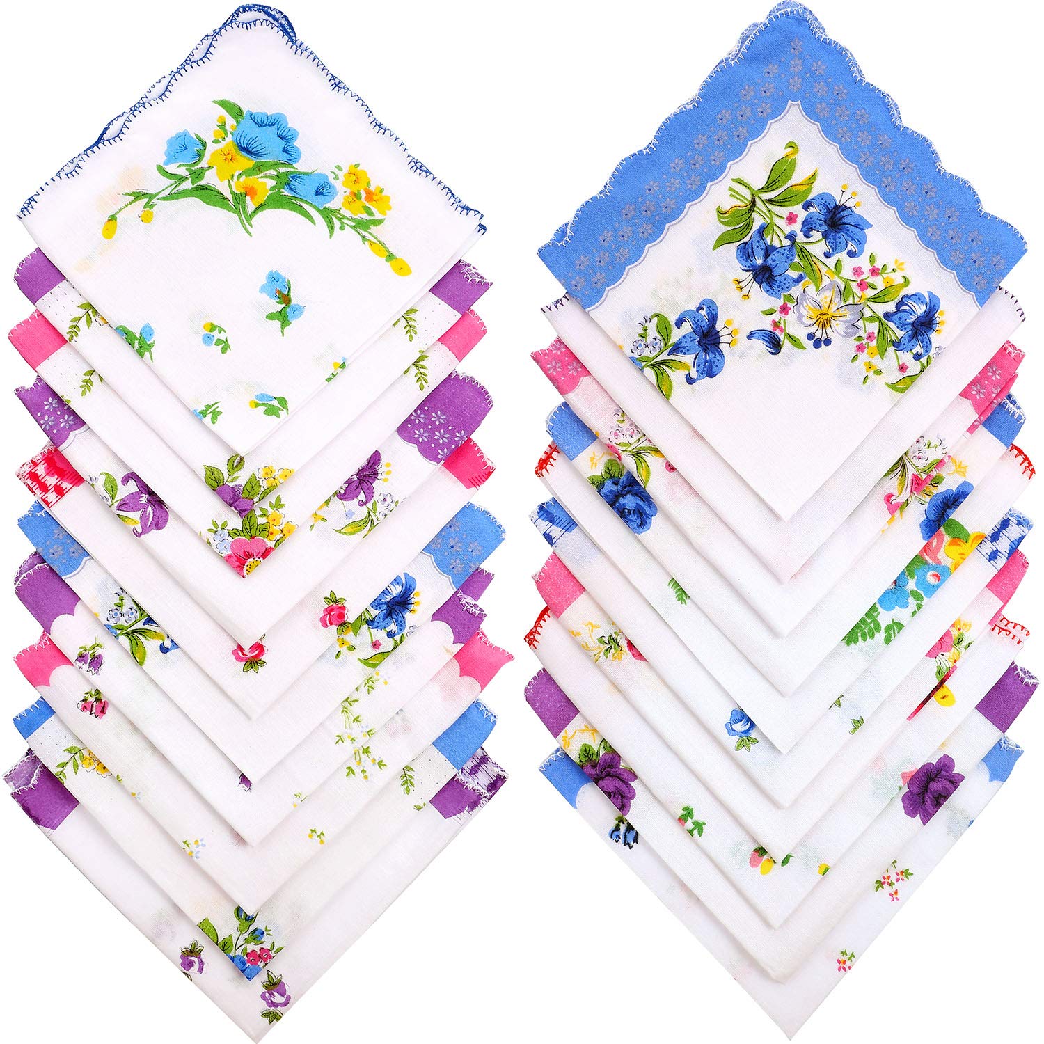 Boao 20 Pieces Women Soft Cotton Pocket Handkerchiefs Ladies Hankies Vintage Floral Print Handkerchiefs Medium