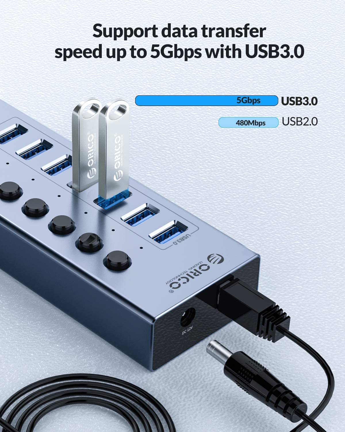 ORICO 13 Port BC1.2 USB 3.0 Hub + Quick Charge with Individual Switches 13 Port USB Data Hub self Power 12V/5A (60W) Black