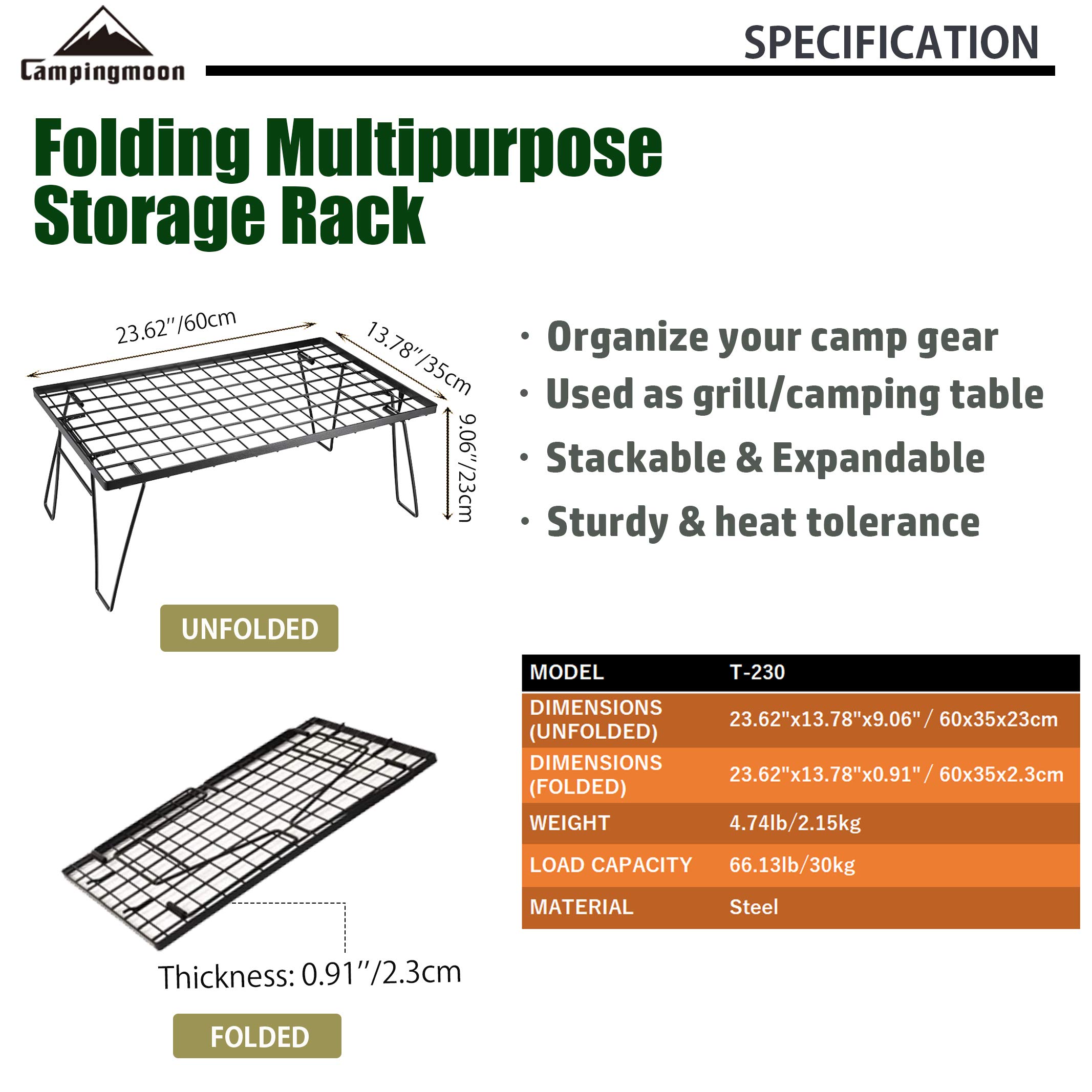 camping moon CAMPINGMOON Outdoor Folding Multipurpose Storage Rack with Removable Bamboo Board, Steel Plating Black T-230-TP