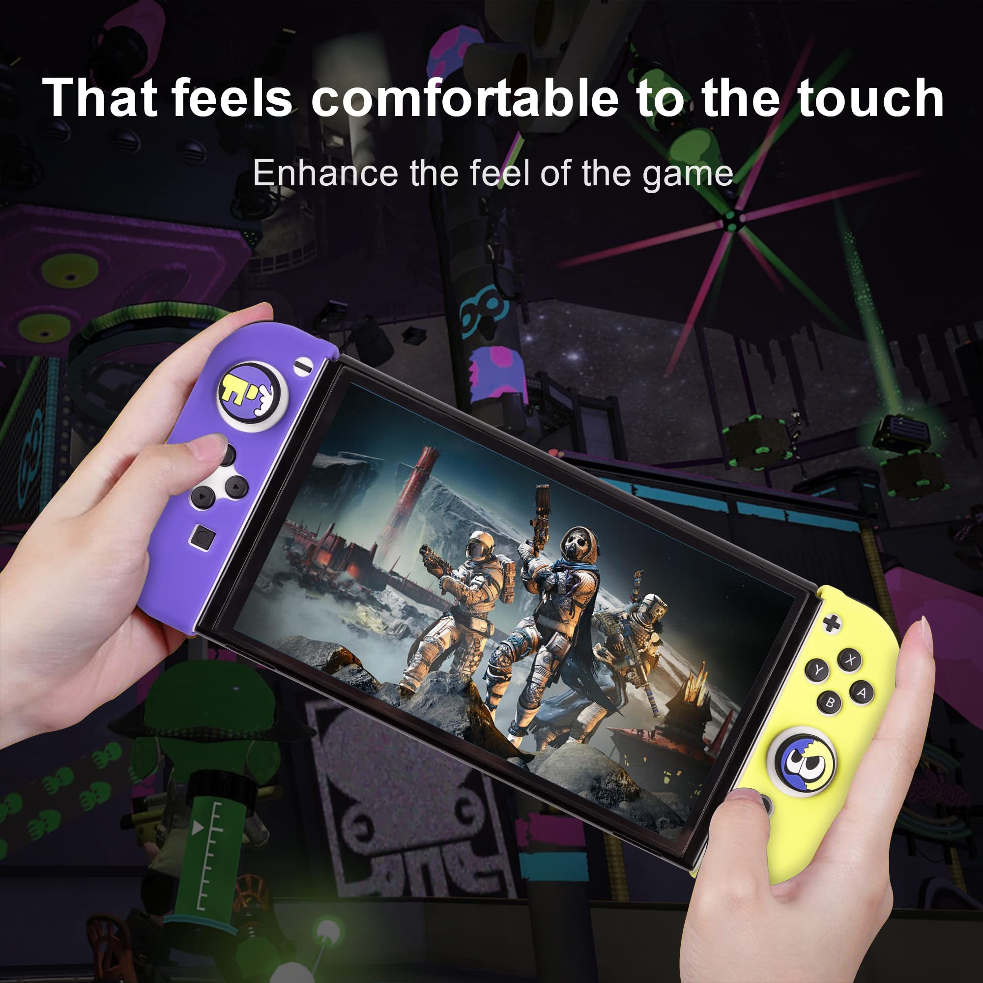 Cybcamo Joycon Anti-Slip Soft Touch Grip Silicone Rubber Skin Case Cover for Nintendo Switch & Switch OLED Model Joy-Con with 6 Stick Caps (Controller Not Included) - Blue/Neon Yellow