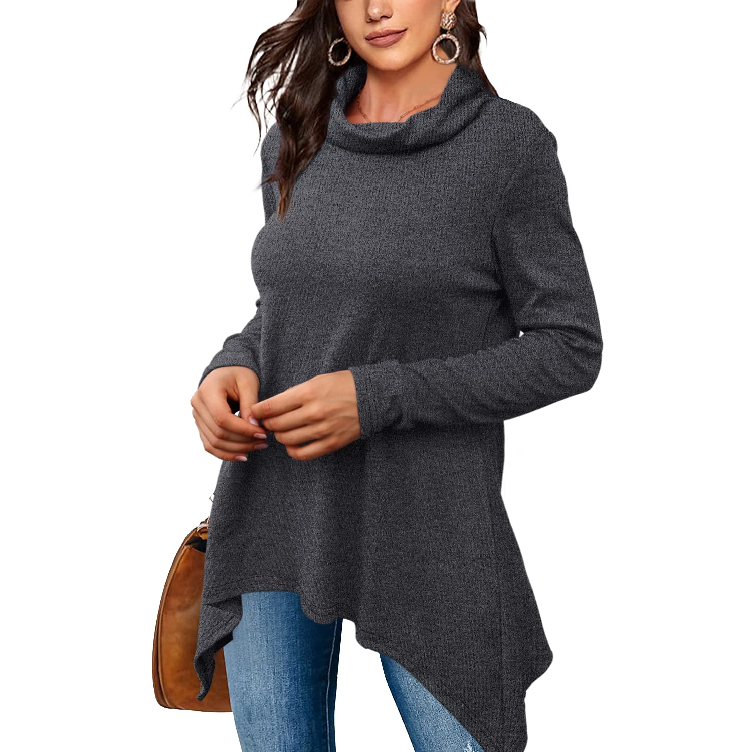 Davenil Cowl Neck Tops For Women Soft Long Sleeve Pullovers Casual Loose Fall Sweatshirts Cute Sweaters with Irregular Hem Dark Gray Size M