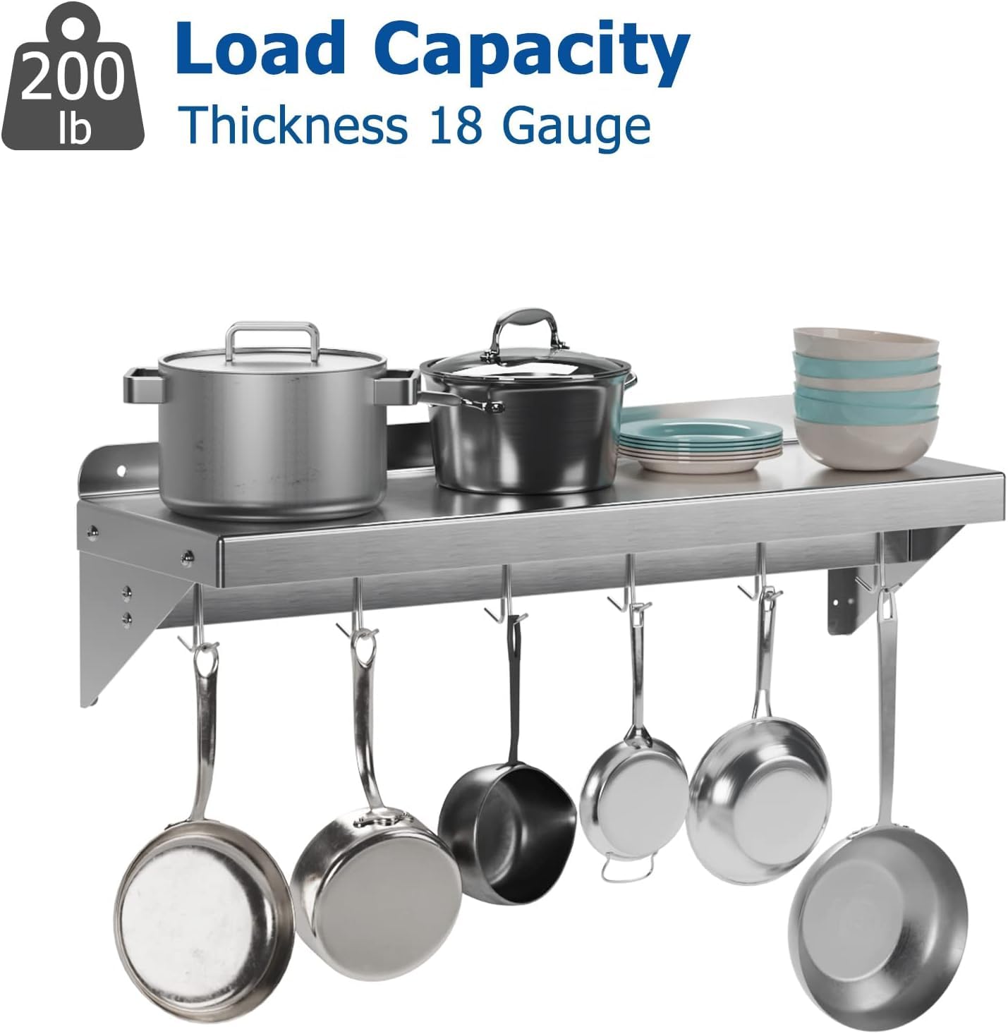 Garvee 2 Pack 12" x 36" Stainless Steel Wall Mount Shelf NSF Certified with 6 Hooks Metal Multifunctional Storage Rack with Backplash for Hanging Pots, Pans,cookware in Home and