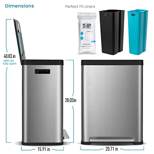 Home Zone Living 18.5 Gallon Dual Trash Can for Recycling and Trash with CleanAura Odor Control Compartment, 70 Liter Total Capacity, Silver