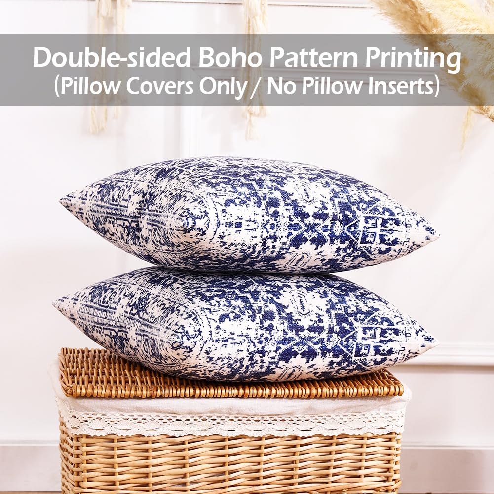 CARRIE HOME Navy Blue and White Farmhouse Decorative Throw Pillow Covers 18x18 Set of 2 Blue Boho Velvet Decorative Pillows 18 x 18 Soft Boho Room Decor for Couch Sofa and Bed
